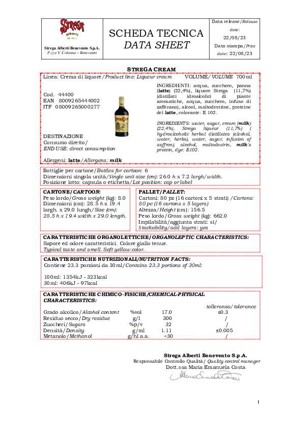 Liqueur data sheet | Strega Alberti Benevento SpA