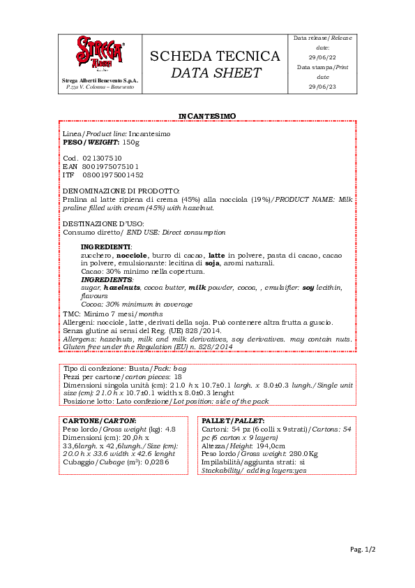 Confectionery data sheet | Strega Alberti Benevento SpA