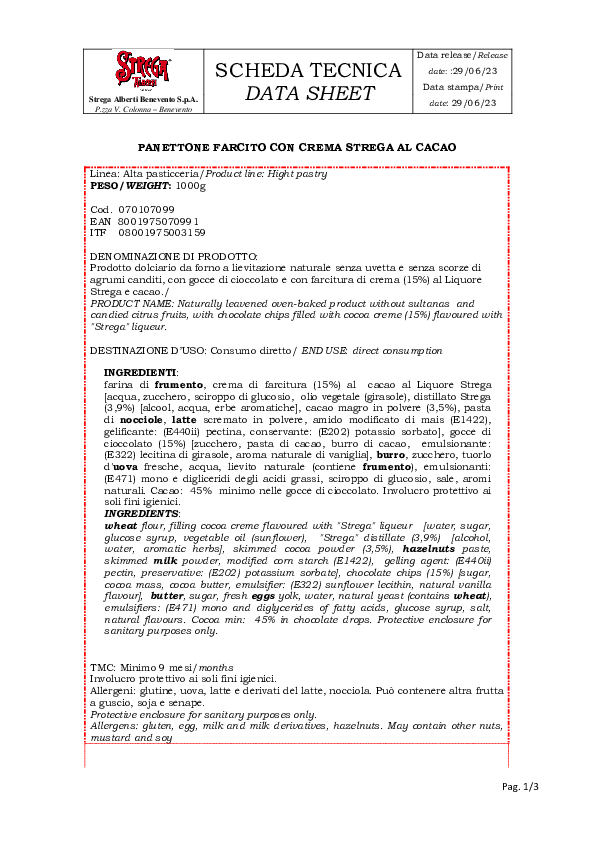 Confectionery data sheet | Strega Alberti Benevento SpA
