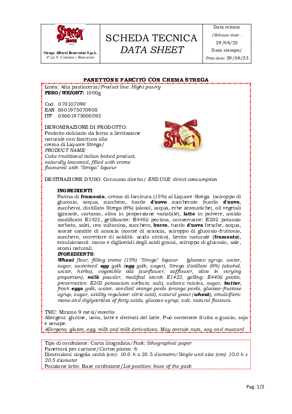 Confectionery data sheet | Strega Alberti Benevento SpA