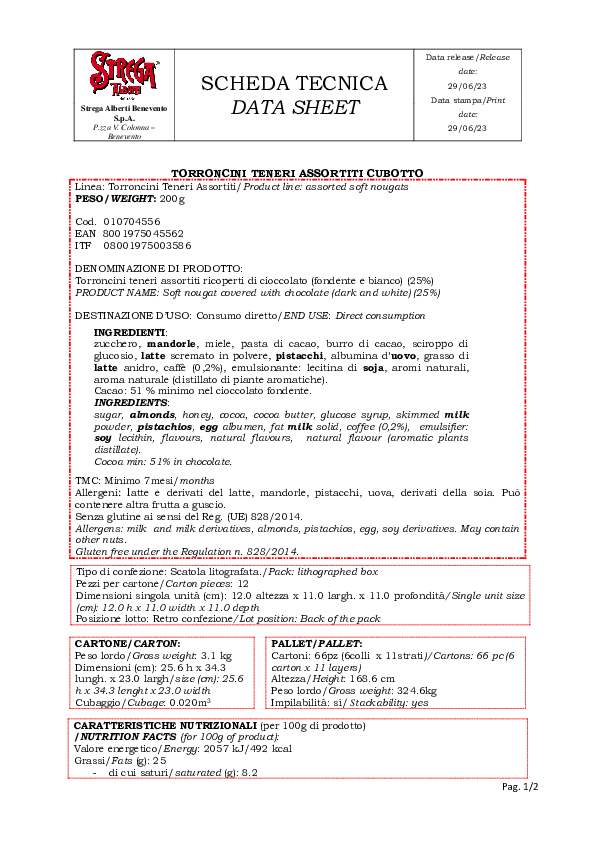 Confectionery data sheet | Strega Alberti Benevento SpA